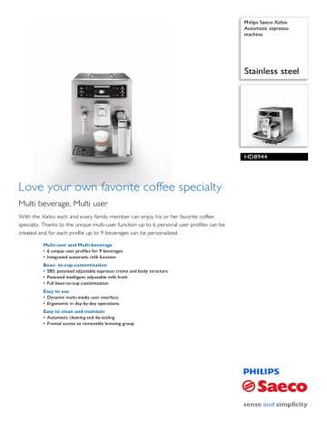 Philips Saeco Xelsis HD8944 Datasheet | Manualzz