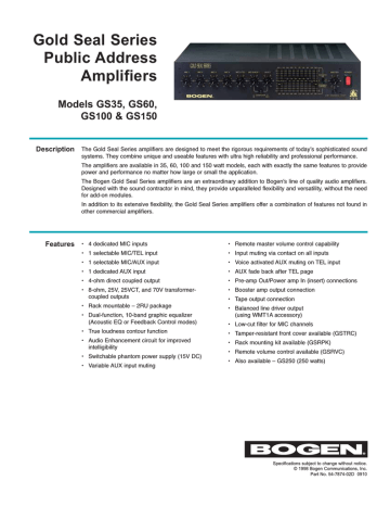 Bogen Gold Seal GS100 Datasheet | Manualzz
