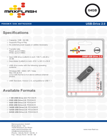 MaxFlash 64GB USB 2.0 Datasheet | Manualzz