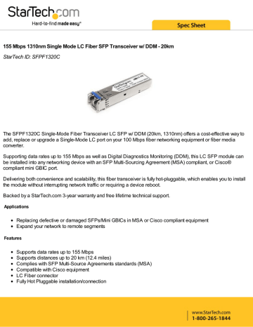 StarTech.com Cisco Compatible 100 Mbps Fiber SFP Transceiver Module SM ...