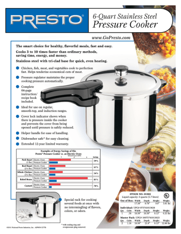 Presto 01362 pressure cooker Datasheet | Manualzz