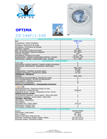 Candy Optima Fiche technique | Manualzz