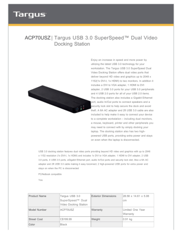 Targus Dual Video Docking Station Datasheet | Manualzz