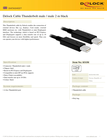 DeLOCK 2m Thunderbolt Datasheet | Manualzz