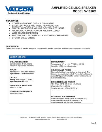 Valcom V-1020C loudspeaker Datasheet | Manualzz