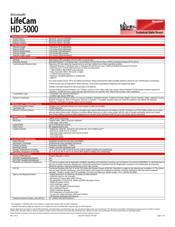 Microsoft LifeCam HD-5000 Datasheet | Manualzz
