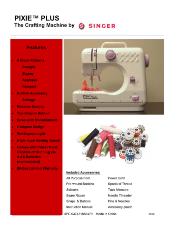 SINGER Pixie Plus Datasheet | Manualzz