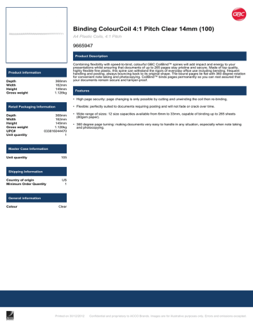 GBC Binding ColourCoil 4:1 Pitch 14mm (100) Datasheet | Manualzz