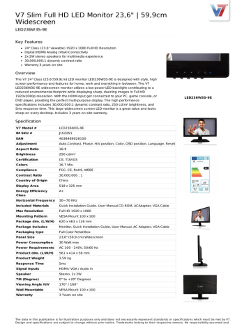 V7 Slim Full HD LED Monitor 23,6" | 59,9cm Widescreen Datasheet | Manualzz
