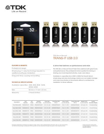 TDK Trans-It Mini 64GB Datasheet | Manualzz