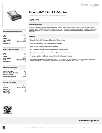 Kensington Bluetooth 4.0 USB Adapter Datasheet | Manualzz
