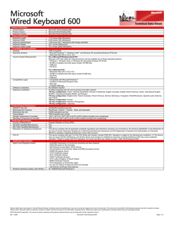 Microsoft Wired Keyboard 600, 5pcs Datasheet | Manualzz