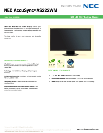 NEC AccuSync AS222WM Datasheet | Manualzz