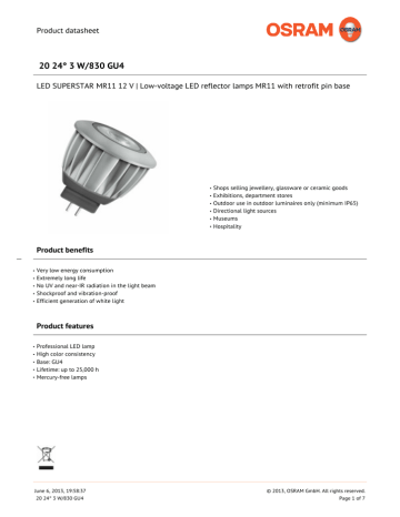 Osram 20 24° 3 W/830 GU4 Datasheet | Manualzz
