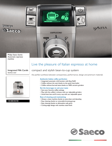 Saeco Syntia Automatic espresso machine HD8838/08 Datasheet | Manualzz