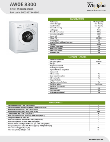 Whirlpool AWOE 8300 washing machine Datasheet | Manualzz