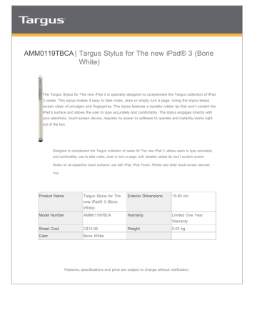 Targus AMM0119TBCA stylus pen Datasheet | Manualzz