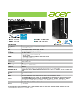 Acer Veriton X X2610G Datasheet | Manualzz