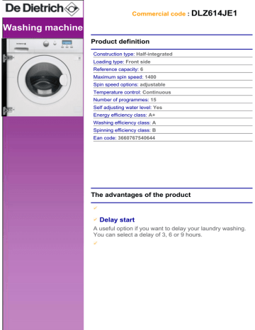 De Dietrich DLZ614JE1 washing machine Datasheet | Manualzz