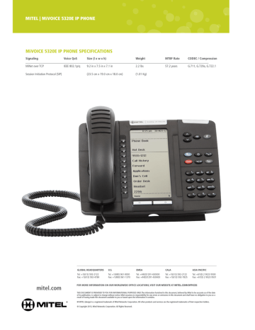 Mitel Networks MiVOICE 5320E Wired handset Black Datasheet | Manualzz