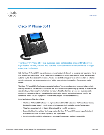 Cisco 8841 Wired handset Black, Silver Datasheet | Manualzz
