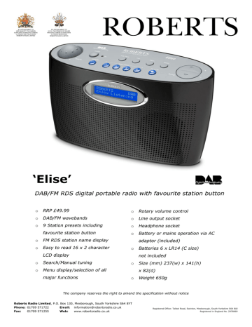 Roberts Radio Elise Datasheet | Manualzz