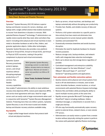 Symantec System Recovery Desktop 2013 R2 Data Sheet | Manualzz