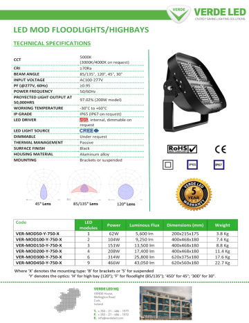 Verde LED VER-MOD150-H-750-S Datasheet | Manualzz