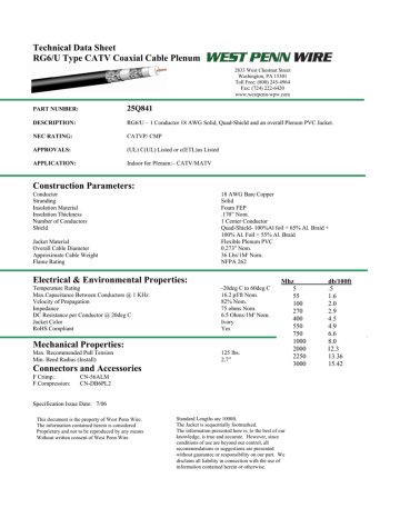 West Penn Wire 25Q841BK0500 coaxial cable Datasheet | Manualzz