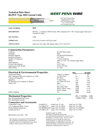 West Penn Wire 819BK0500 coaxial cable Datasheet | Manualzz