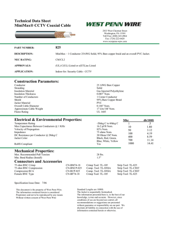 West Penn Wire 825GN0500 coaxial cable Datasheet | Manualzz