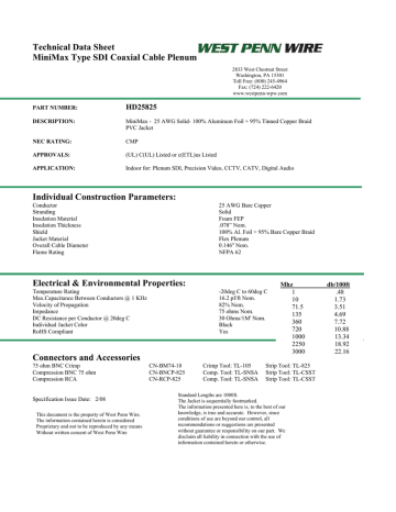 West Penn Wire HD25825BK0500 coaxial cable Datasheet | Manualzz