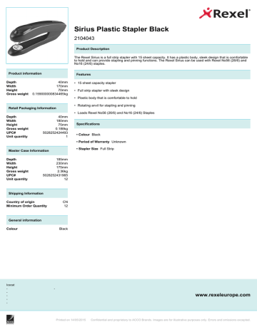 Rexel Sirius Plastic Stapler Black Datasheet | Manualzz