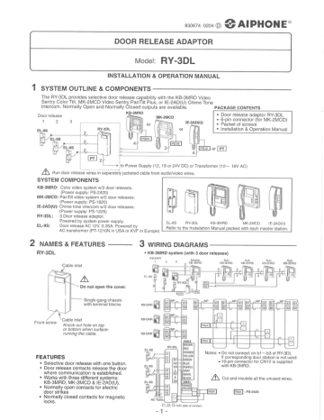 AIPHONE Door Release Adaptor RY-3DL Installation Manual | Manualzz