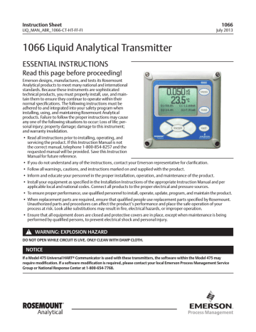 Emerson 1066 Liquid Analytical Transmitter Instruction Sheet | Manualzz