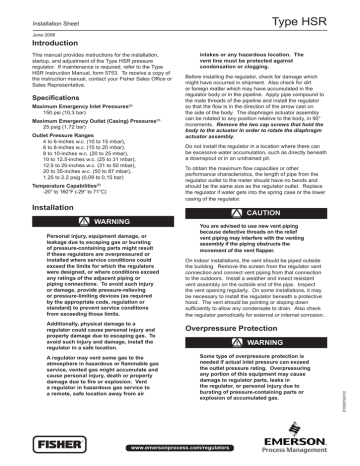 Fisher HSR Pressure Regulator Installation | Manualzz