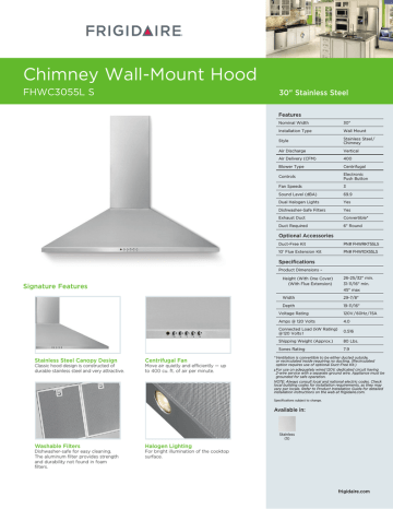 Frigidaire FHWC3055LS Range Hood Specification | Manualzz