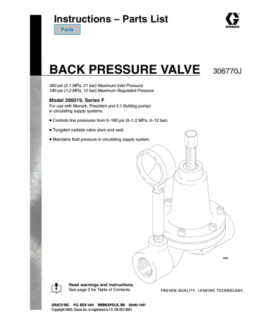 Graco Back Pressure Valve Series F 206019 User Manual | Manualzz