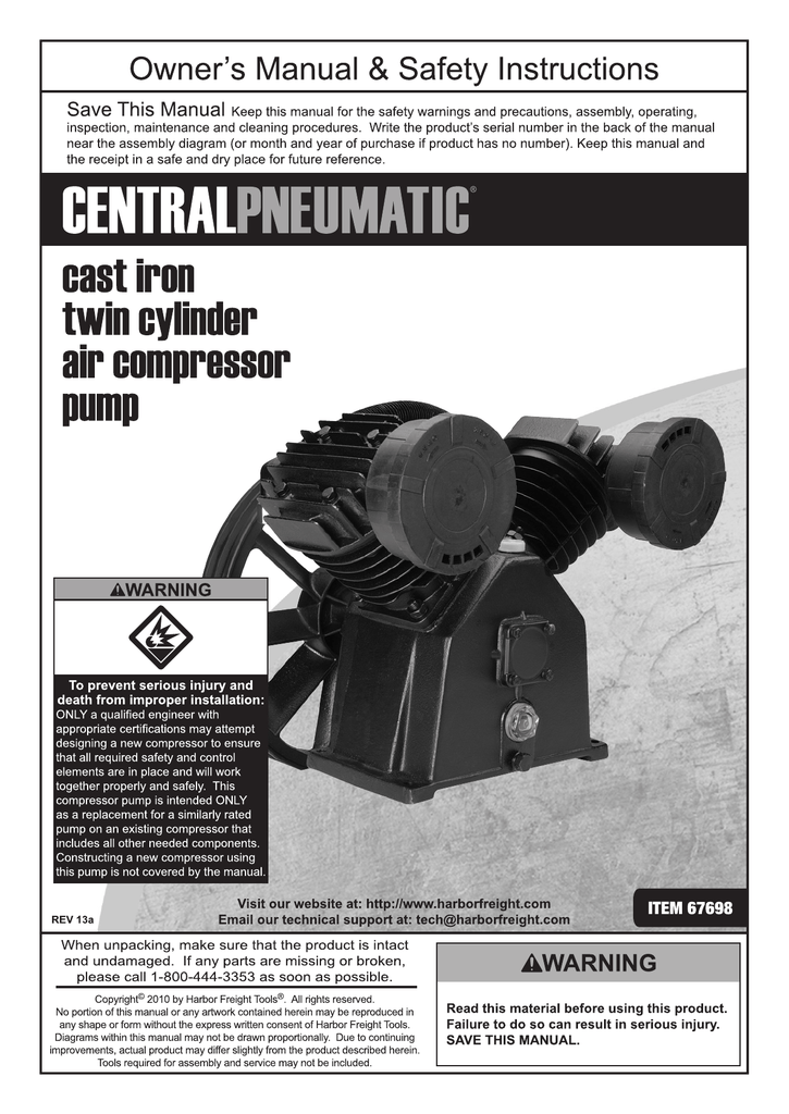 Central Pneumatic Air Compressor 93786 User's Manual Free Download ...