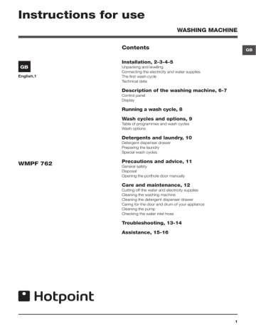 Hotpoint WMPF 762 Washing Machine User Manual | Manualzz
