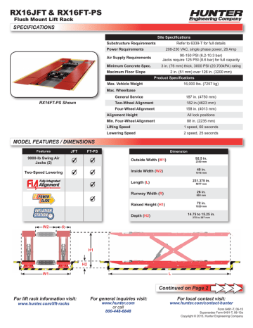 Hunter Engineering Scissor Lift Family Specification Sheet | Manualzz