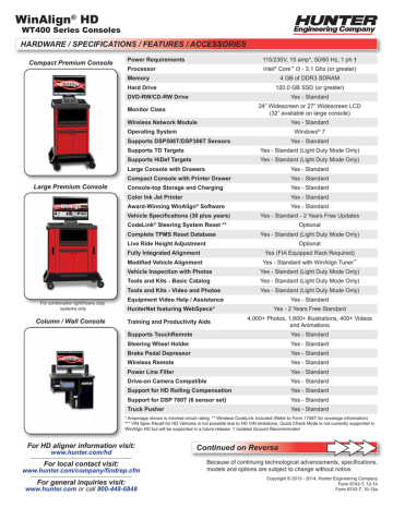 Hunter Engineering WinAlign HD Specification Sheet | Manualzz