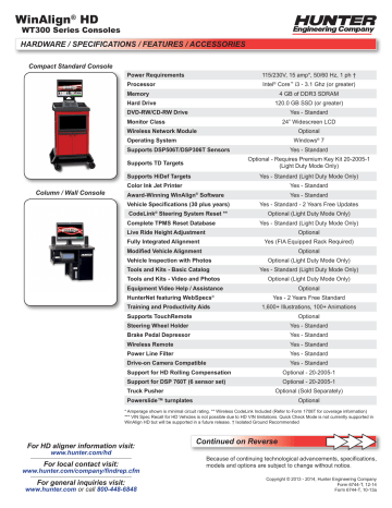 Hunter Engineering WinAlign HD Specification Sheet | Manualzz