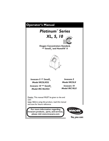Invacare Platinum XL, 5, 10 Oxygen Concentrator Manual | Manualzz