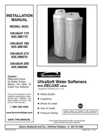 Kenmore UltraSoft 170, 180, 275, 280 Installation Manual | Manualzz