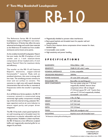 Klipsch RB-10 Bookshelf Speaker Spec Sheet | Manualzz