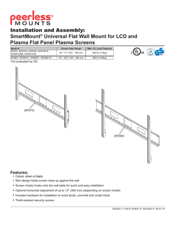 PEERLESS Mounts SF670-S, SF680, SmartMount SF670P-S, SF670, SWS510/SI ...