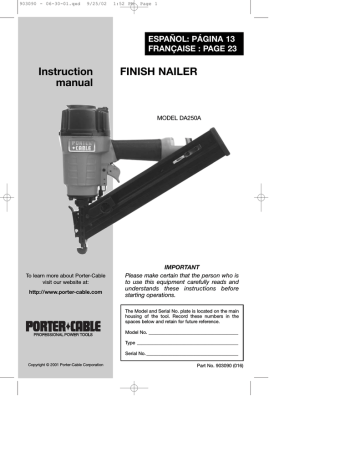 Porter-Cable DA250A Finish Nailer Manual | Manualzz