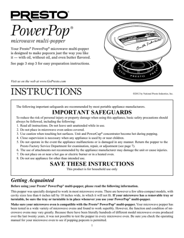 Presto PowerPop Microwave Popcorn Popper User Manual | Manualzz