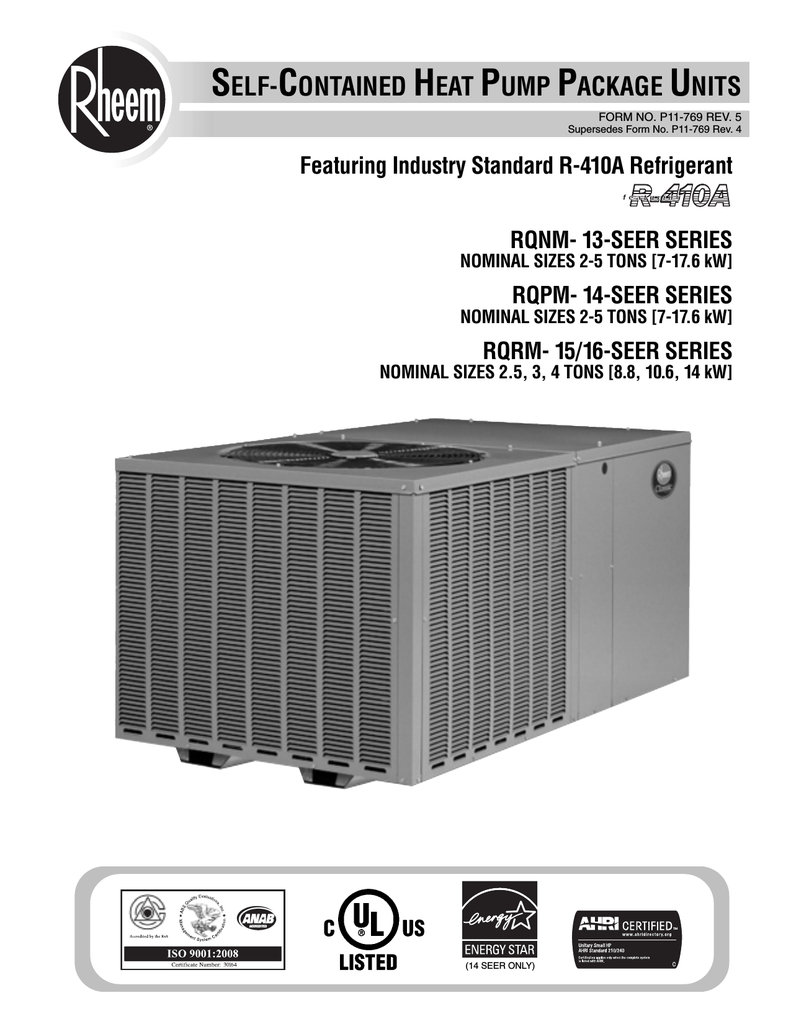 Rheem Package Dedicated Horizontal Heat Pump Specification Sheet | Manualzz